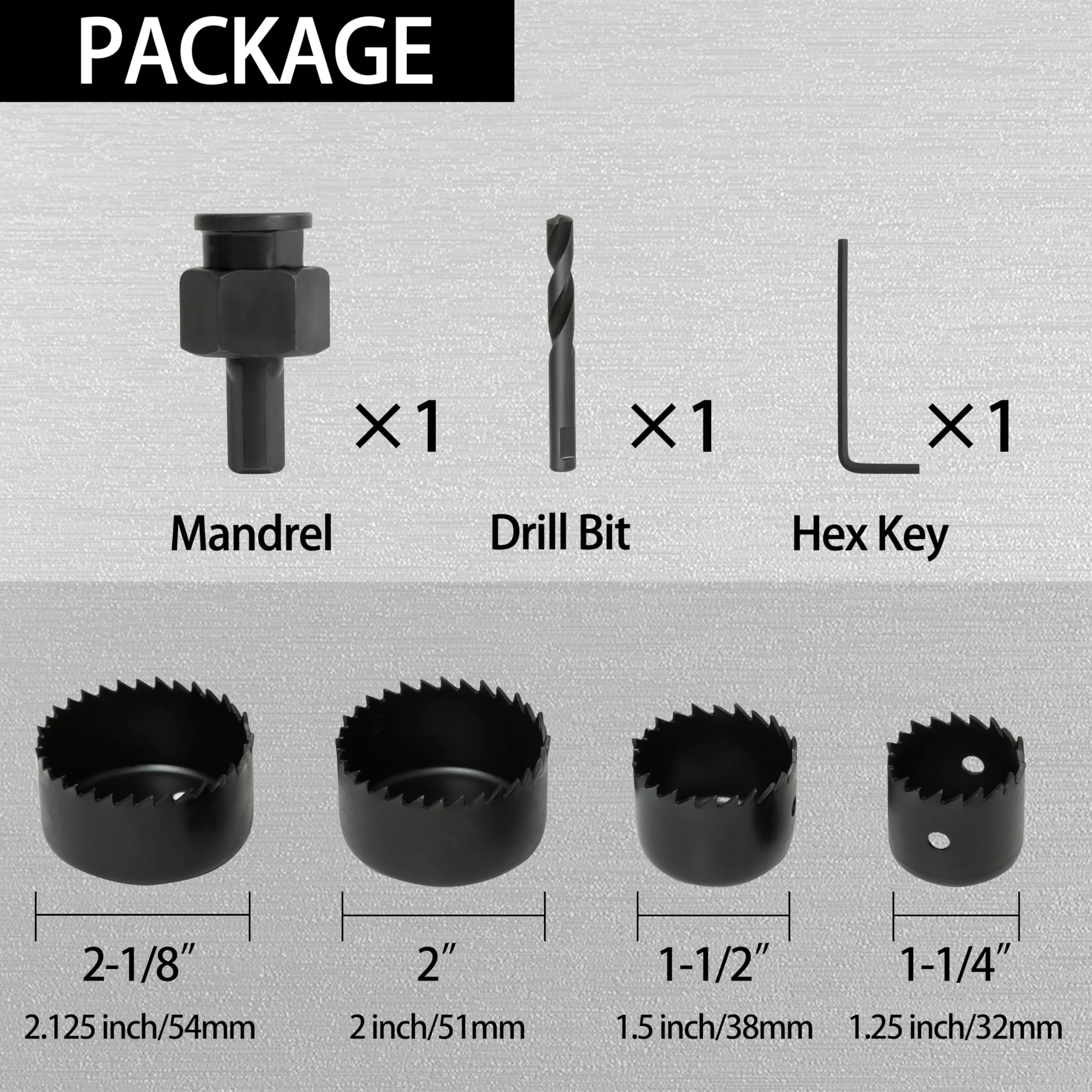 RKK 6PCS Hole Saw Kit, Carbon Steel Material 1-1/4" to 2-1/8"(32-54mm) Hole Saw Set for Soft Wood, PVC Board, Plywood (6PC)