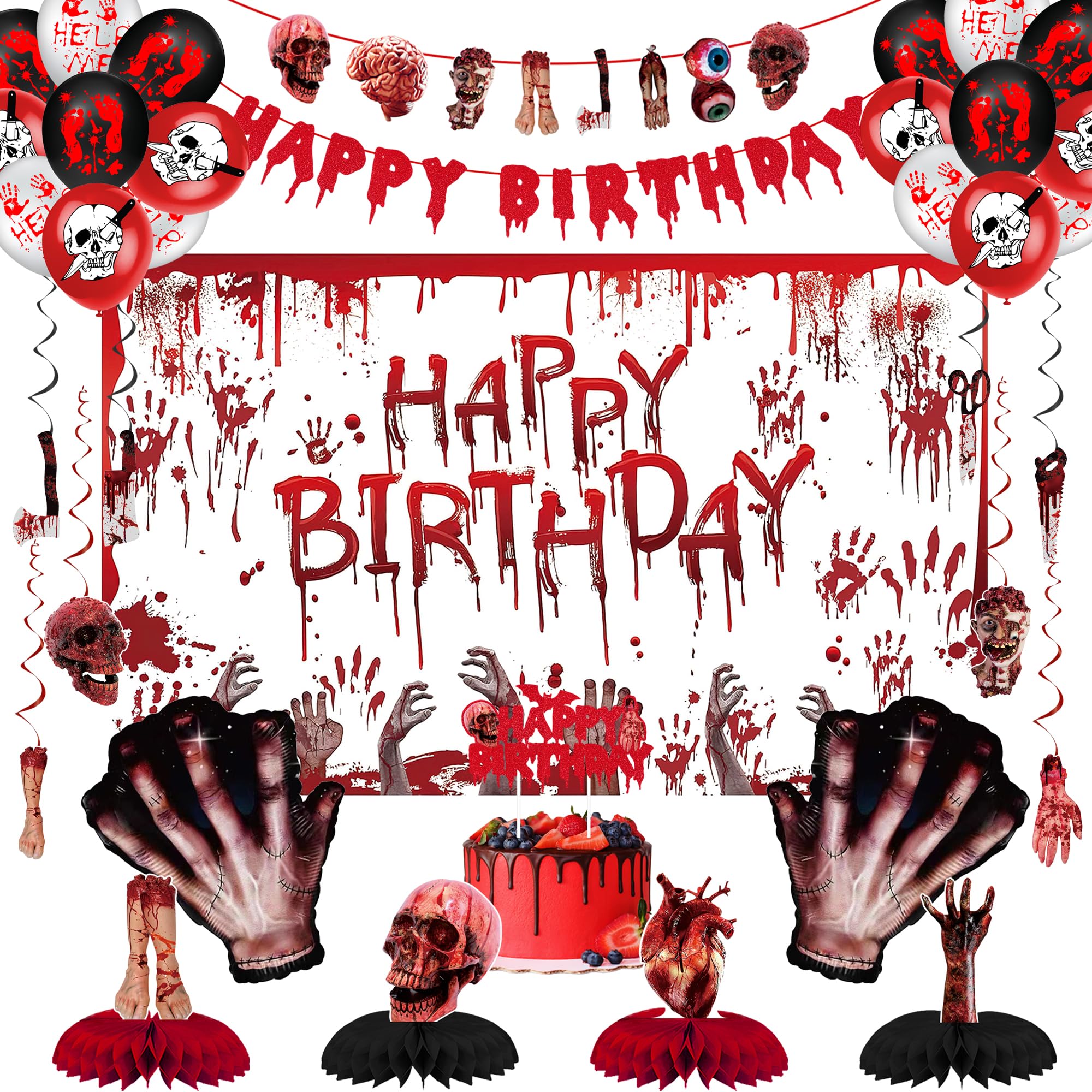 DARUNAXY Halloween Birthday Party Decorations, Red Halloween Happy Birthday Banner, Scary Handprint Balloons & Cake Topper, Horror Fake Broken Hands Dismember Honeycomb Hanging Swirl Balloons(36PC)