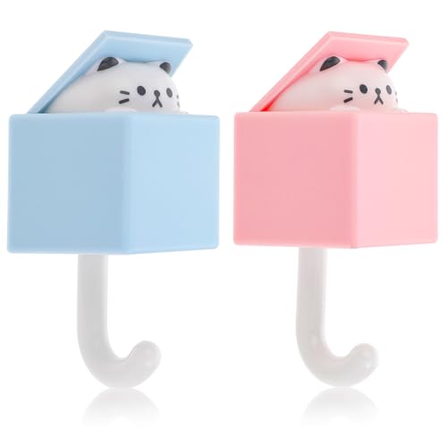 WY LIGHTING LEVEL 2Pcs Cute Cat Hook Creative Self-Adhesive Coat Hook Heavy Duty Wall Mounted Hook Room Decor Wall Hooks Utility Animal Hook for Keys Bag Scarf Hat Towel Key Holder Hanging Decoration