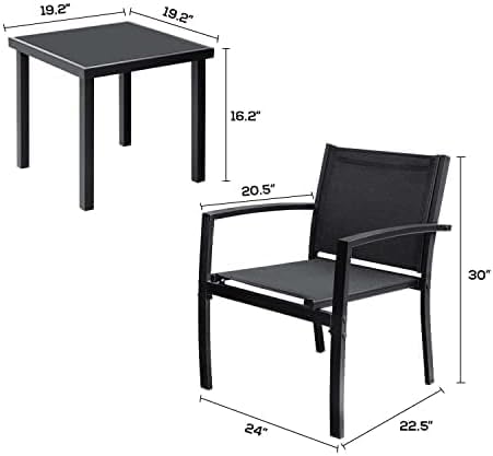 JUMMICO 3 Pieces Patio Furniture Set Outdoor Textilene Patio Chairs with Coffee Table Modern Patio Conversation Bistro Set for Lawn, Garden, Balcony, Poolside and Porch (Black)