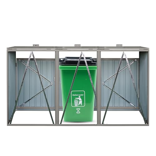 Jintop 94.48" Metal Garbage Bin Shed Stores with Ventilated and Lockable,Patio Furniture 3 Trash Cans Outdoor Sheds w/Rust-Proof & Scratch- Resistant,for Garden Yard Lawn,Grey