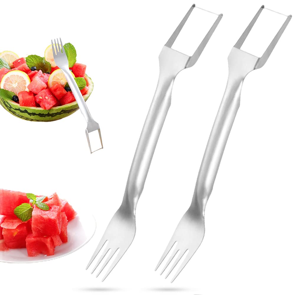 2-in-1 Watermelon Fork Slicer, Stainless Steel Fruit Cutter Watermelon Cutter Slicer Tool Watermelon Cutter Tool, Dual Head Fruit Forks Slicer Fruit Vegetable Tools for Family Parties Camping (2)