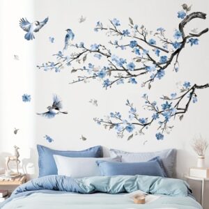 decalmile watercolor blue flower branch wall decals blossom tree branch floral wall stickers bedroom living room sofa tv background wall décor