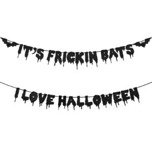 black glitter it's frickin bats i love halloween banner - hanging paper garland bunting banner bloody bat-themed decorations, photo backdrop for wall home mantle office wall spooky party supplies