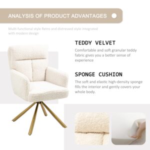 Ugijei Teddy Office Desk Chair No Wheels, Modern Vanity Chair with Gold Legs, Wide Seat Computer Task Chair for Home Office (Beige)