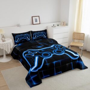 Feelyou Kids Gamer Comforter Set Twin Size Blue and Black Bedding Set for Boys Teens Decor Honeycomb Gaming Ombre Comforter Geometric Square Duvet Set 2Pcs