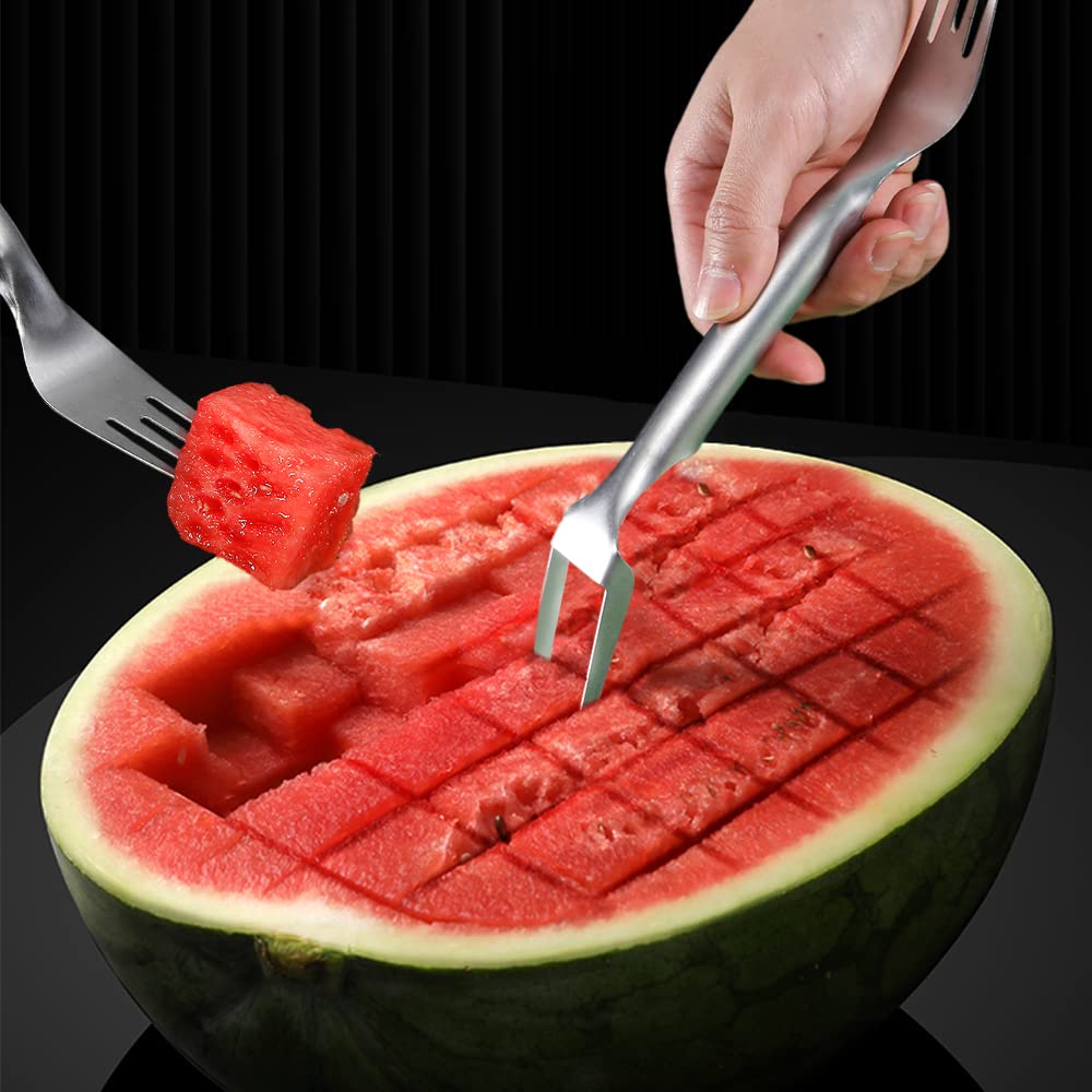 2-in-1 Watermelon Fork Slicer, Stainless Steel Fruit Cutter Watermelon Cutter Slicer Tool Watermelon Cutter Tool, Dual Head Fruit Forks Slicer Fruit Vegetable Tools for Family Parties Camping (2)