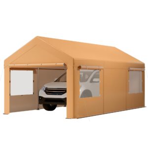 garveelife 12x20ft carport, portable garage with sidewalls, doors and ventilated windows, uv resistant and waterproof, heavy duty carport for car, bike, boat, party (yellow)