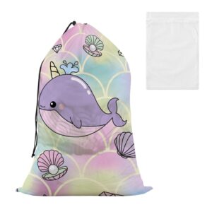 cute narwhal laundry bags, drawstring closure dirty clothes bag organizer, heavy duty large laundry bag storage, rip-stop bags for camp travel, machine washable 24 x 35.8 inch