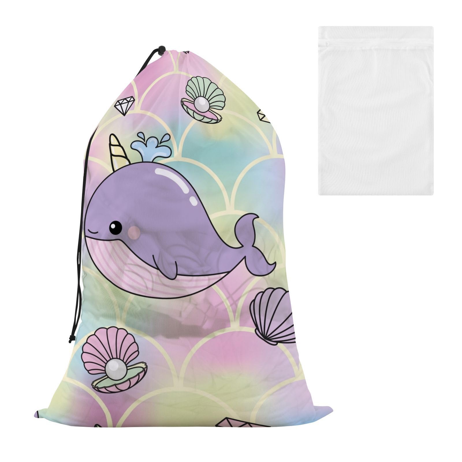 Cute Narwhal Laundry Bags, Drawstring Closure Dirty Clothes Bag Organizer, Heavy Duty Large Laundry Bag Storage, Rip-Stop Bags for Camp Travel, Machine Washable 24 x 35.8 Inch