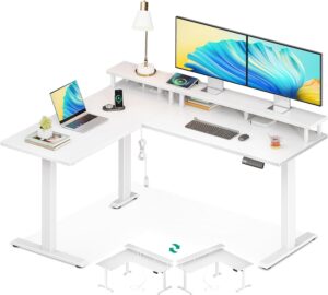 aodk electric l-shaped standing desk, height adjustable office desk with monitor stand, sit-stand desk with power outlets, large lift table for home, office, workstation, white