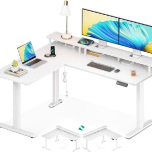 AODK Electric L-Shaped Standing Desk, Height Adjustable Office Desk with Monitor Stand, Sit-Stand Desk with Power Outlets, Large Lift Table for Home, Office, Workstation, White