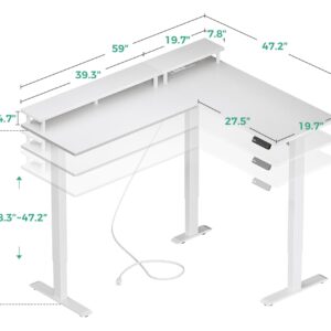 AODK Electric L-Shaped Standing Desk, Height Adjustable Office Desk with Monitor Stand, Sit-Stand Desk with Power Outlets, Large Lift Table for Home, Office, Workstation, White