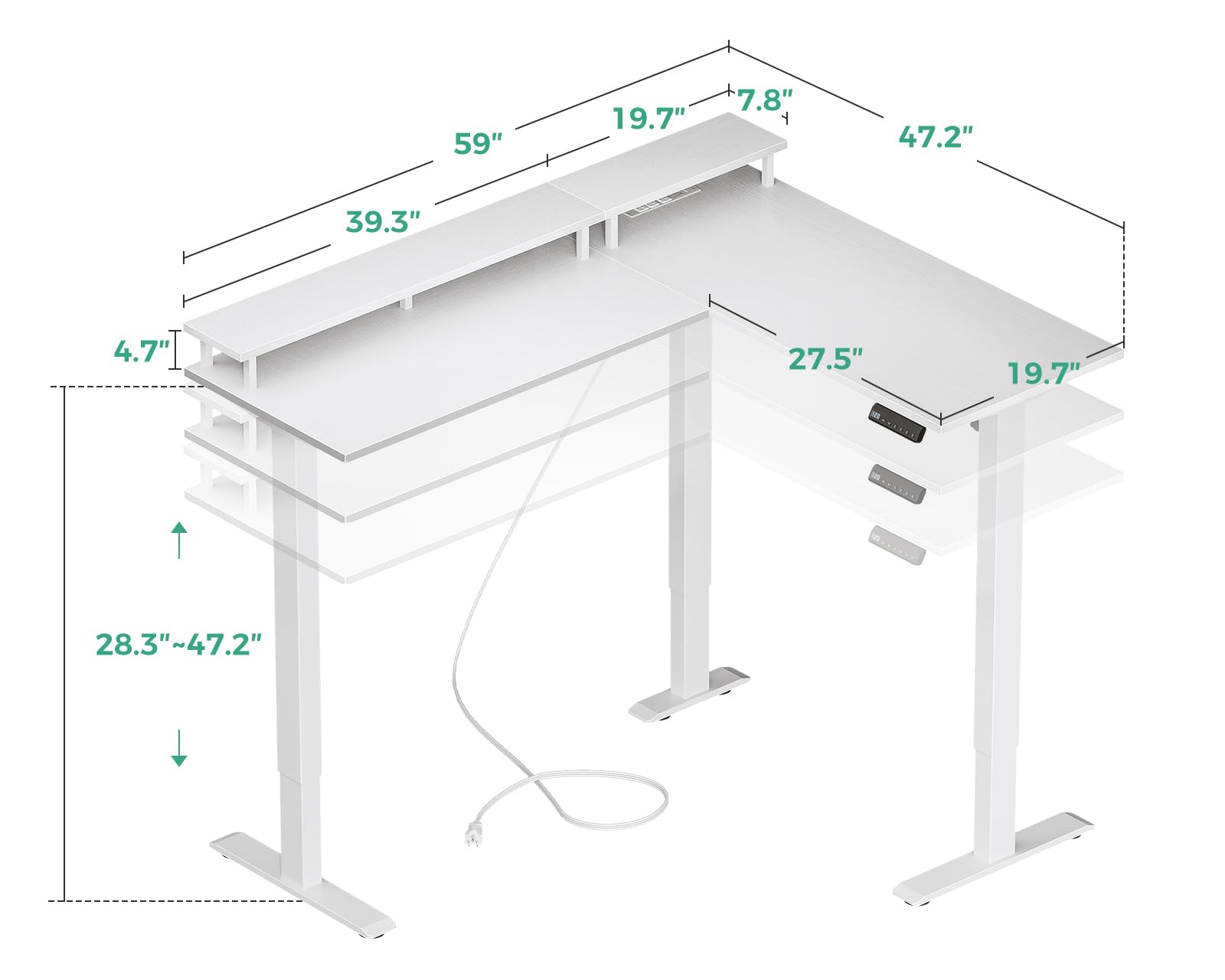 AODK Electric L-Shaped Standing Desk, Height Adjustable Office Desk with Monitor Stand, Sit-Stand Desk with Power Outlets, Large Lift Table for Home, Office, Workstation, White