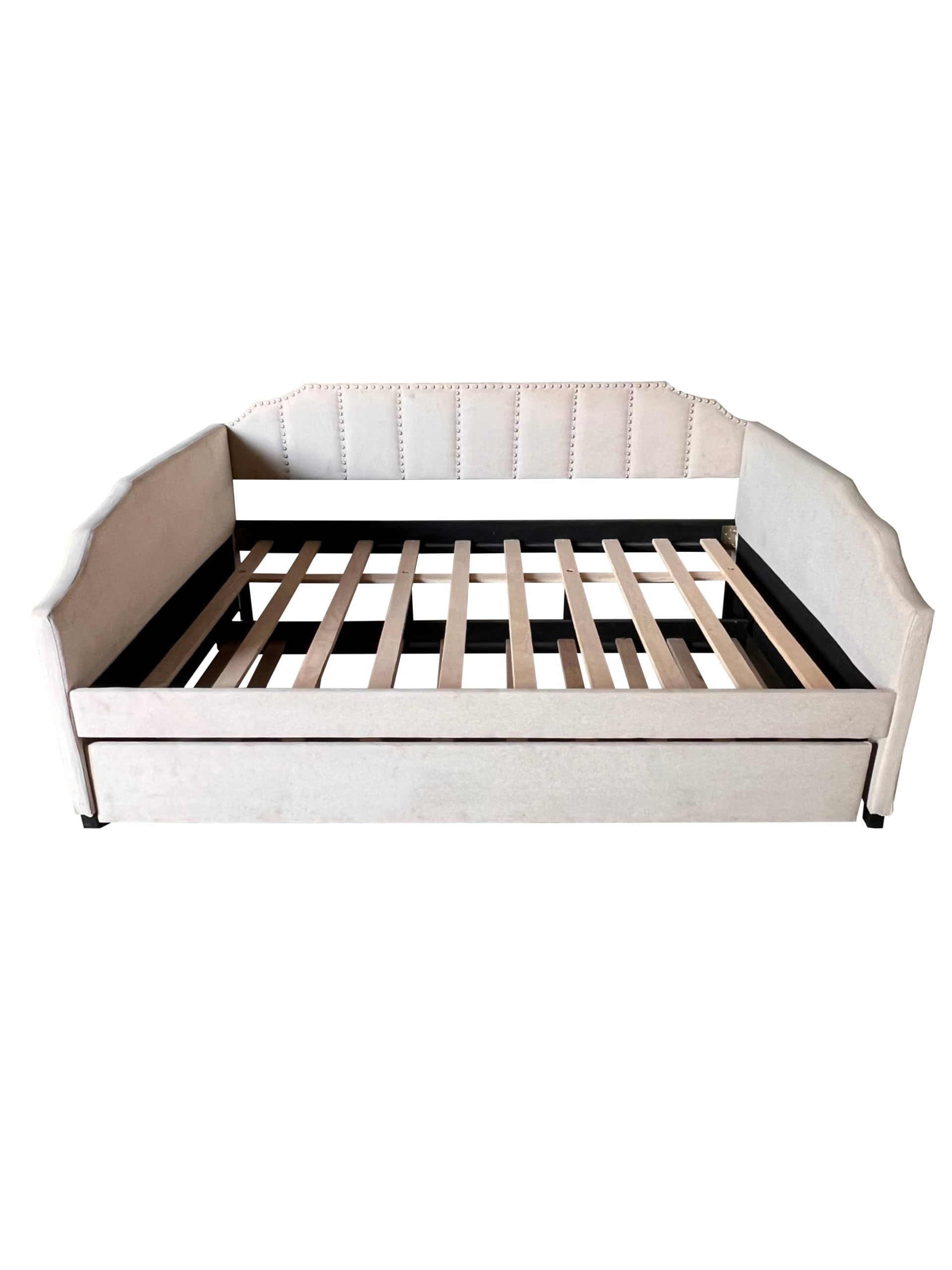 DNYN Upholstered Full Size Daybed with Trundle,Sofábed Design Bedframe w/Soft Fabric & Wood Slat Support,No Box Spring Needed & Easy Assemble,for Small Space,Bedroom,Guest Room, Beige