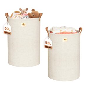 2pack linen fabric laundry basket, 50l baby hamper for nursery, waterproof storage baskets for toys, dirty clothes, blankets, kid laundry baskter for bedroom, living room and nursery, beige