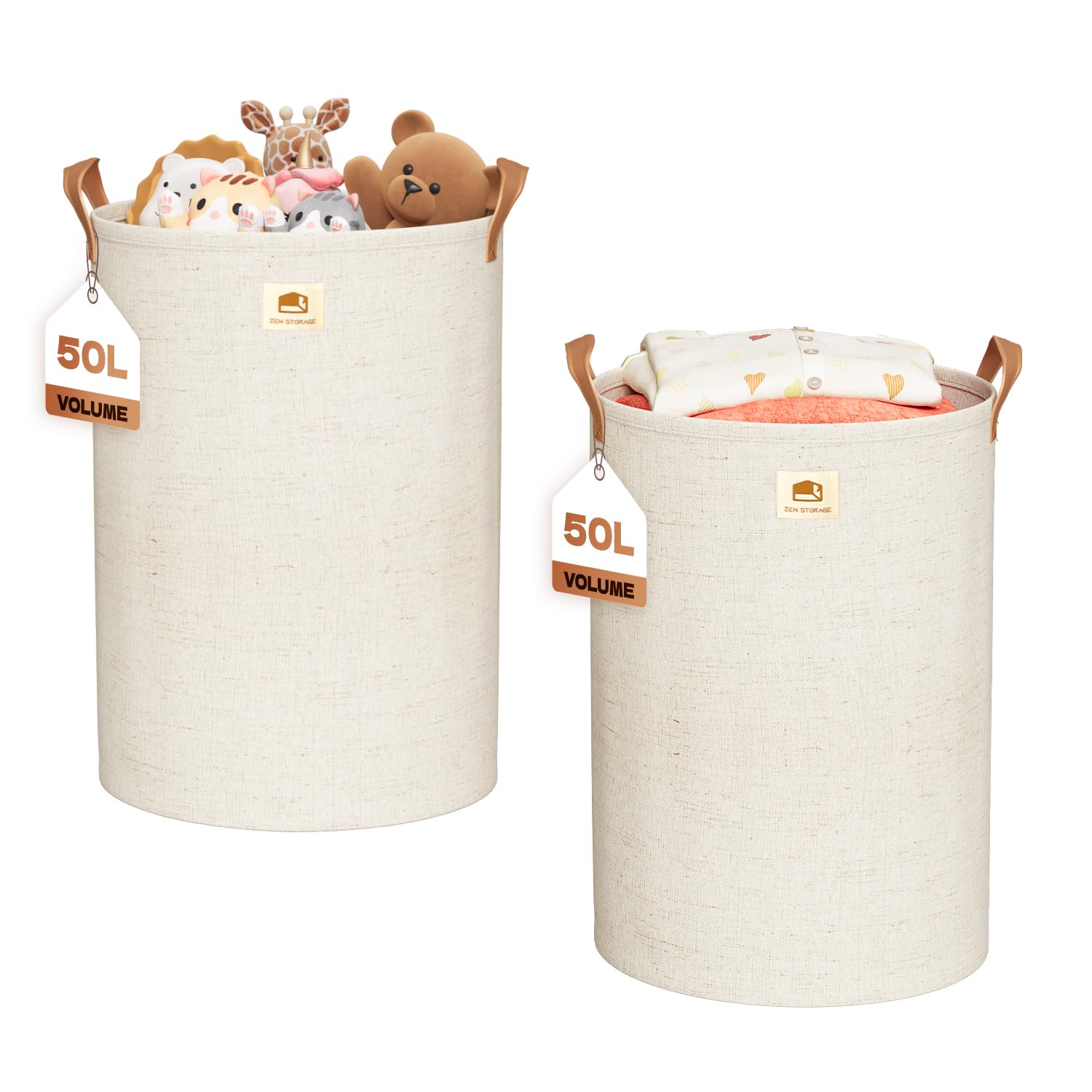 2Pack Linen Fabric Laundry Basket, 50L Baby Hamper for Nursery, Waterproof Storage Baskets for Toys, Dirty Clothes, Blankets, Kid Laundry Baskter for Bedroom, Living Room and Nursery, Beige