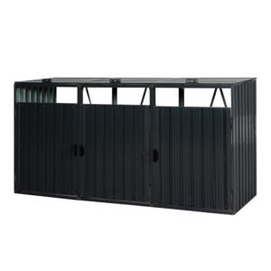 Jintop 94.48" Metal Garbage Bin Shed Stores with Ventilated and Lockable,Patio Furniture 3 Trash Cans Outdoor Sheds w/Rust-Proof & Scratch- Resistant,for Garden Yard Lawn,Black