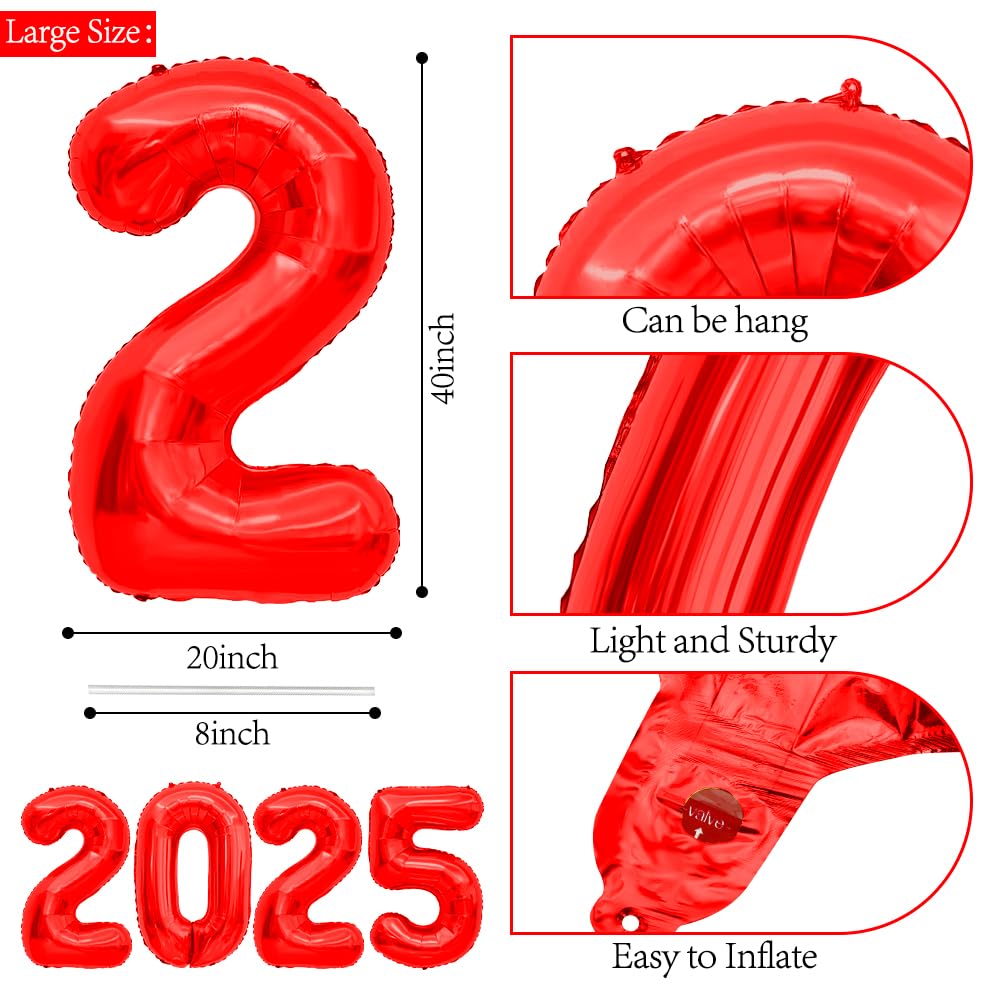 2025 Balloons, 40 Inch Foil Number Balloons, 2025 Balloon Numbers, New Years Decorations 2025 Balloons for Birthday Christmas Anniversary Graduation New Years Eve Party Supplies Decorations, Red