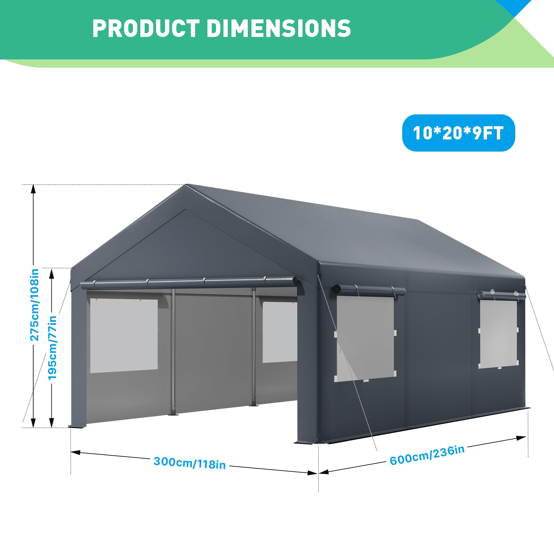 GarveeLife 10x20FT Heavy Duty Carport, Portable Garage with Sidewalls, Doors and Ventilated Windows, UV Resistant and Waterproof, Carports 10x20 Heavy Duty for Car, Bike, Boat, Party (Gray)