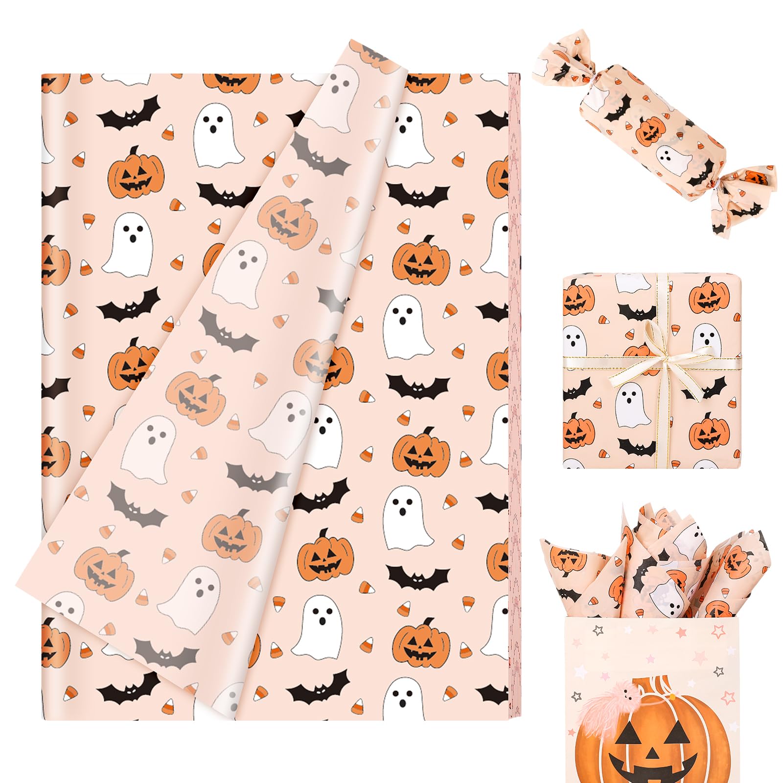 JarThenaAMCS 100 Sheets Halloween Tissue Paper Cute Pumpkin Ghost Bats Gift Wrapping Paper Orange DIY Art Craft Paper for Halloween Birthday Baby Shower Party Supplies, 13.7 x 19.6 Inch