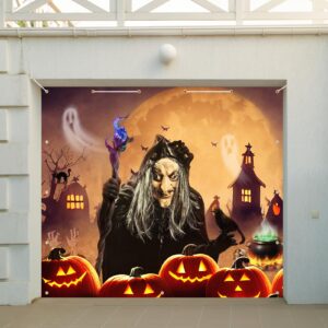 ploawo halloween garage door decorations, 7 x 8ft single garage door halloween party supplies, halloween backdrop decorations for home decor outdoor indoor, pumpkin witch halloween party decorations