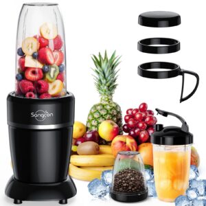 sangcon 1000w blender for smoothies, blender for kitchen smoothie blender with (3) cups (2) spout-lids (1) storage-lid (1) to-go-lid, portable personal blender for shakes ice crush frozen drink spices