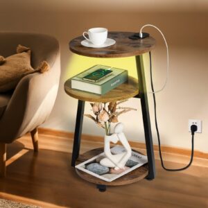 hadulcet round end table with charging station and led lights, small side table for small space, bedside table with 3-tier storage shelf, versatile accent table for living room, bedroom, rustic brown