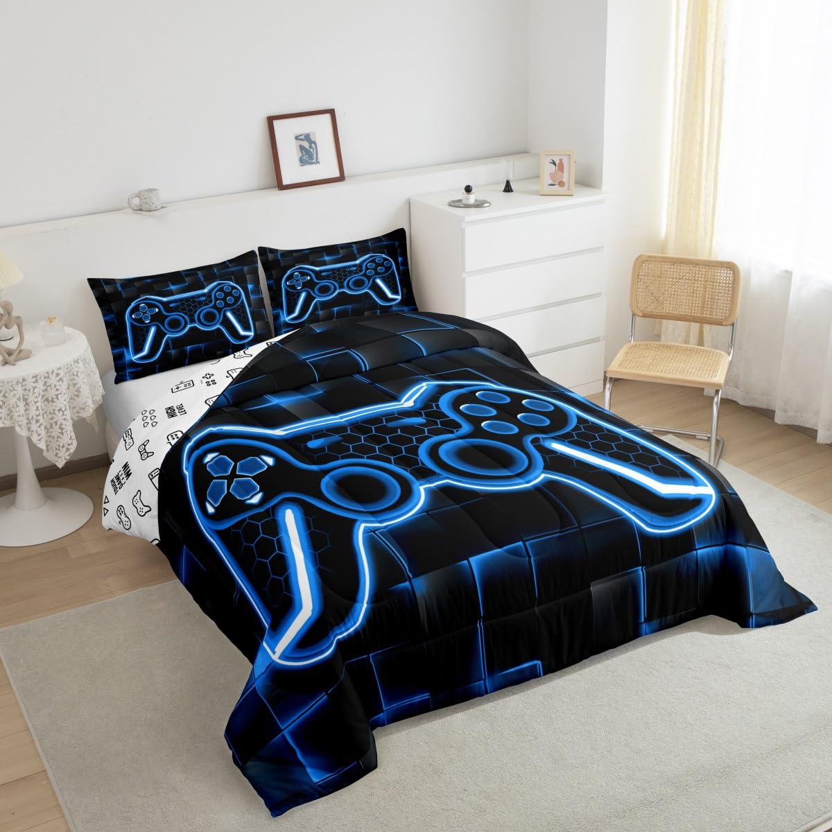 Feelyou Kids Gamer Comforter Set Twin Size Blue and Black Bedding Set for Boys Teens Decor Honeycomb Gaming Ombre Comforter Geometric Square Duvet Set 2Pcs