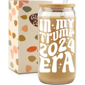 trump 2024 glass cup, in my trump 2024 era 16oz glass cups, donald trump take america back election, drinking glass tumbler with lids and straws, iced coffee cups personalized gifts for women men