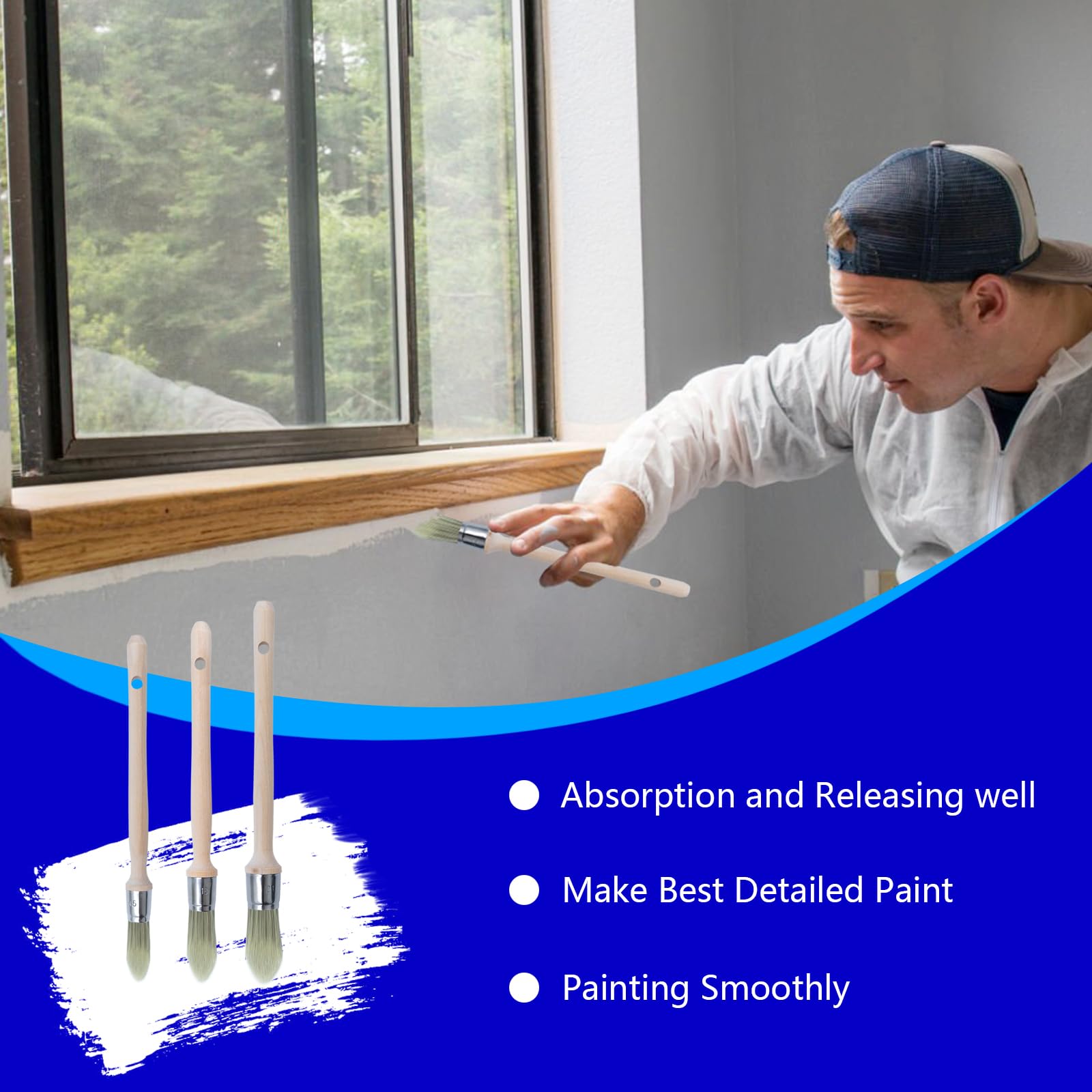 Wesquer 3-Pack Small Paint Brushes - Trim Paint Brush Edge Painting Tool for Detail Areas and Small Repairs - Ideal for Art, Sash, Baseboards, and House Wall Corners with 0.6” 0.7” 0.8”