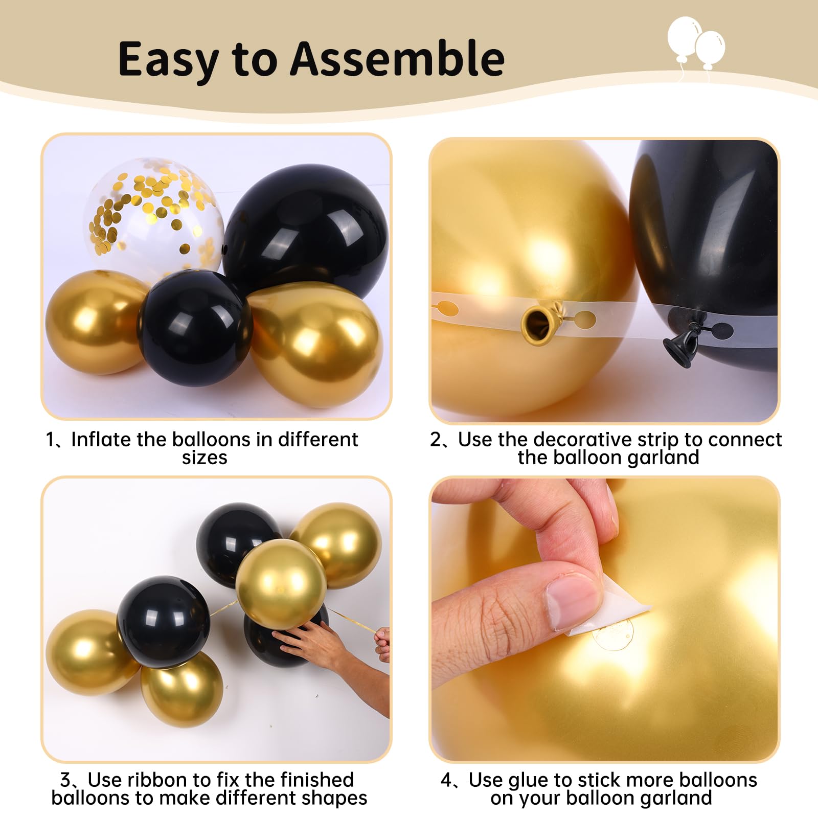 RUBFAC 140pcs Black and Gold Balloons, Balloons Arch Kit 5 10 12 18 inch Black Metallic Gold Confetti Latex Balloons for Graduation Birthday Baby Shower Wedding Anniversary Party Decorations