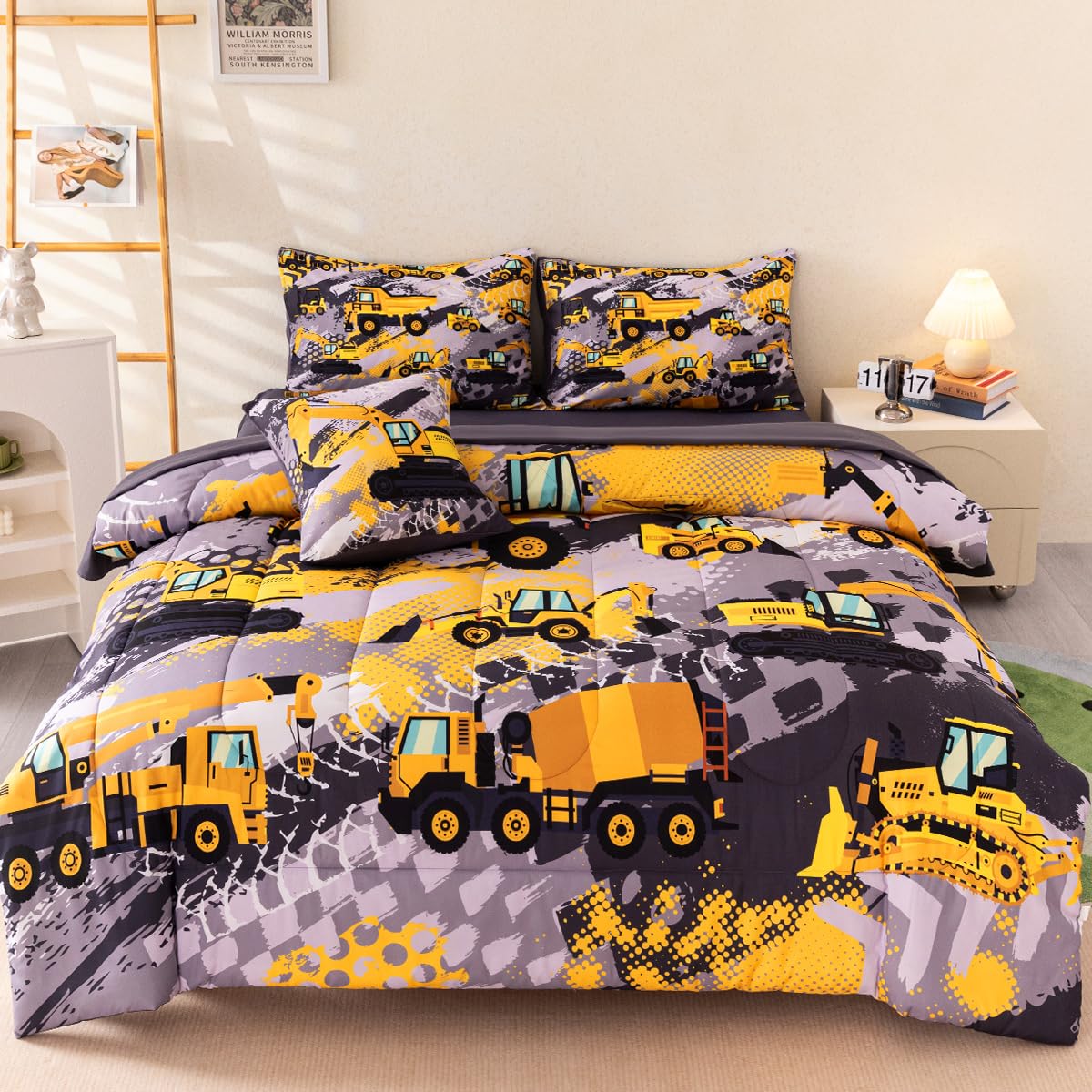 ASKOTU Truck Twin Bedding Set for Boys, 6 Pcs Kids Construction Truck Comforter Sets with Sheets, Construction Excavator Twin Boys Bedding Sets