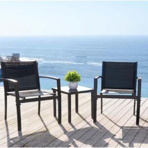 JUMMICO 3 Pieces Patio Furniture Set Outdoor Textilene Patio Chairs with Coffee Table Modern Patio Conversation Bistro Set for Lawn, Garden, Balcony, Poolside and Porch (Black)