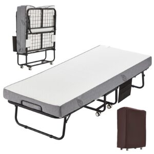 mellcom folding bed with mattress,portable rollaway guest bed for adults with 5 inch foam mattress,single cot size foldable bed with metal frame&bed side pocket,75” x 31”