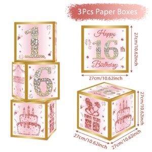 Sweet 16 Birthday Party Decorations Boxes for Girls - 3PCS Pink Rose Gold Happy 16th Birthday Balloons Boxes ,Sixteen Year Old Party Supplies for Girls