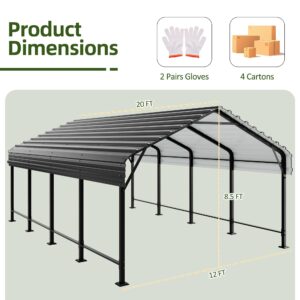 JAMFLY 12X20 FT Carport, Heavy Duty Carport Canopy with Galvanized Steel Roof and Frame, Metal Carport Upgraded Extra Large Garage for Pickup, Boat, Car and Tractors