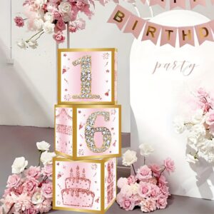 Sweet 16 Birthday Party Decorations Boxes for Girls - 3PCS Pink Rose Gold Happy 16th Birthday Balloons Boxes ,Sixteen Year Old Party Supplies for Girls