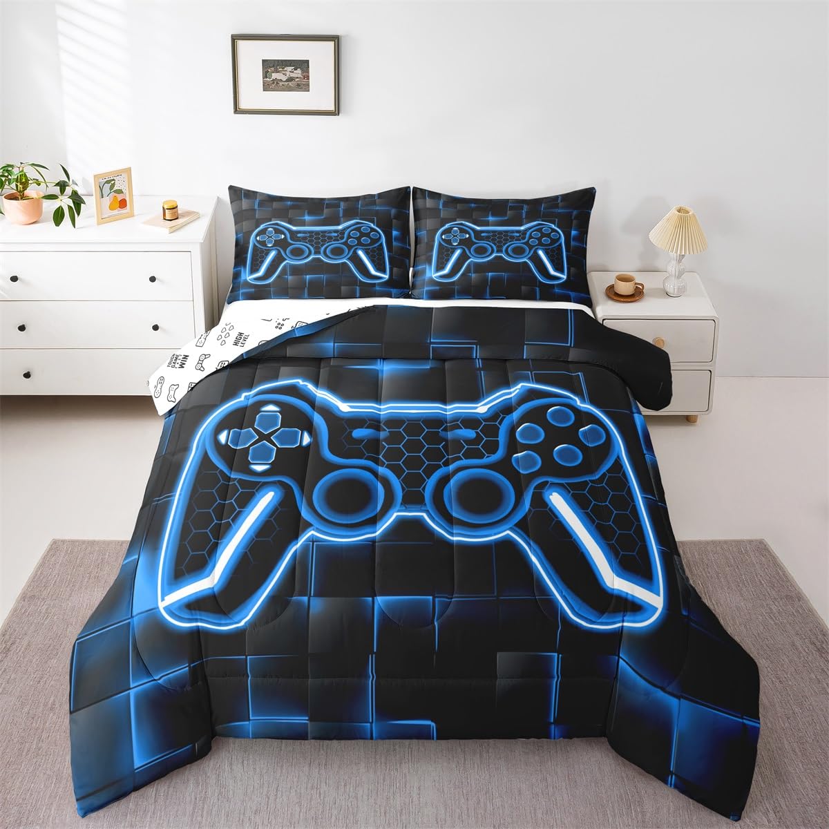 Feelyou Kids Gamer Comforter Set Twin Size Blue and Black Bedding Set for Boys Teens Decor Honeycomb Gaming Ombre Comforter Geometric Square Duvet Set 2Pcs