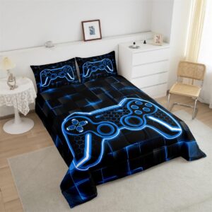 Feelyou Kids Gamer Comforter Set Twin Size Blue and Black Bedding Set for Boys Teens Decor Honeycomb Gaming Ombre Comforter Geometric Square Duvet Set 2Pcs