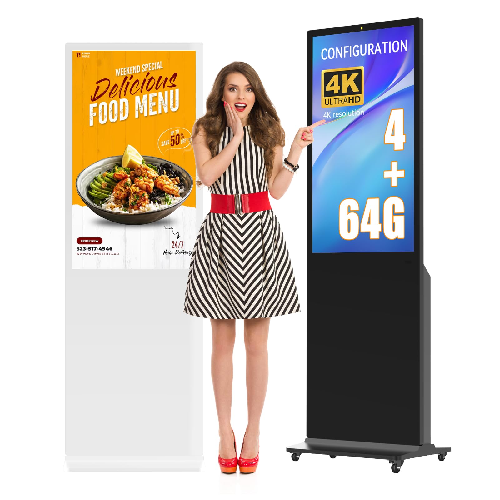 Canlarriz 43 Inch 4K UHD 400nits Movable Floor Standing Digital Signage Commercial Display LCD Monitor Advertising Screen 4-64GB Android 11.0 with HDMI in