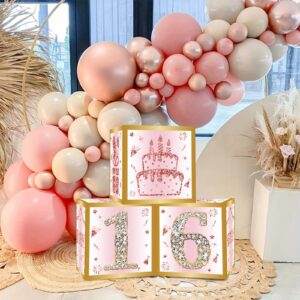 Sweet 16 Birthday Party Decorations Boxes for Girls - 3PCS Pink Rose Gold Happy 16th Birthday Balloons Boxes ,Sixteen Year Old Party Supplies for Girls