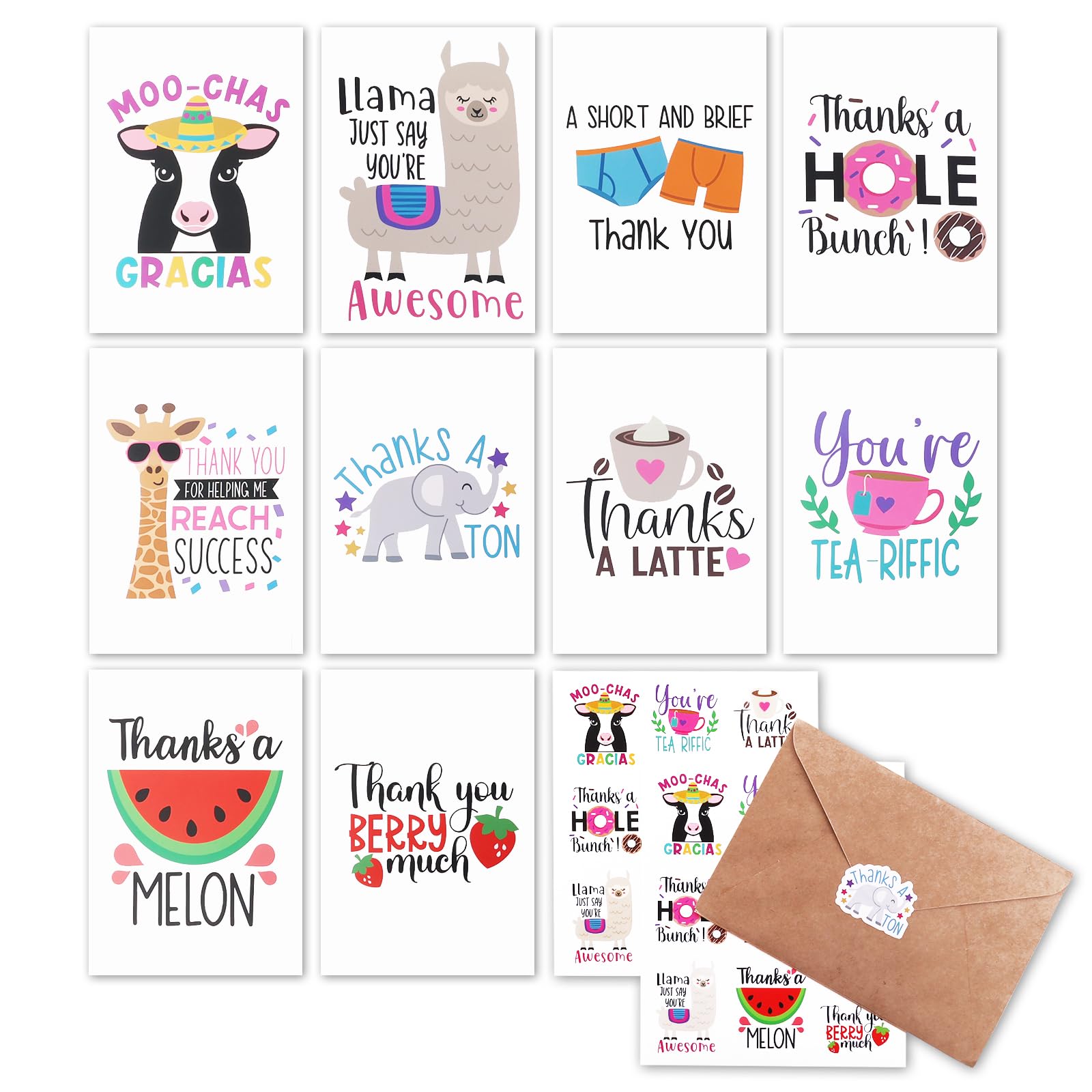 Vnaaem 40 Pack Funny Thank You Cards with Envelopes & Stickers Bulk Thanks Cute Pun Note Cards - Blank Greeting Cards for Small Business Holiday Kids Friends Teachers Employee Boss coworkers Appreciation( 4x6 Inches Per Card)