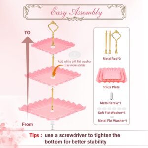 DI QIU REN 8 Pcs Dessert Table Display Set Plastic Square Pink Cupcake Stand 2Pcs 3 Tier Cupcake Stands with Gold Rod Cookie Tray Rack Serving Tower 6Pcs Dessert Trays for Tea Party Baby Shower