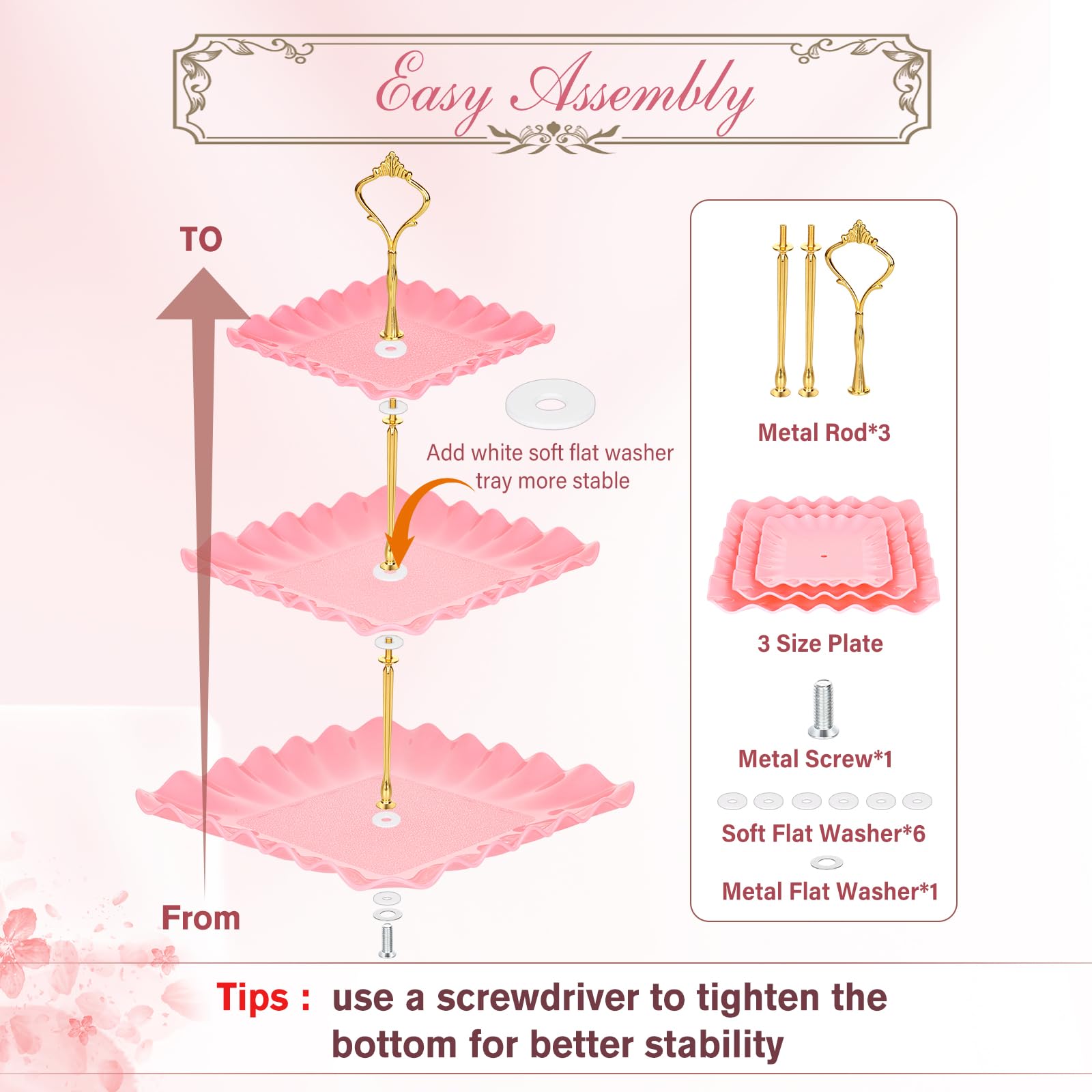 DI QIU REN 8 Pcs Dessert Table Display Set Plastic Square Pink Cupcake Stand 2Pcs 3 Tier Cupcake Stands with Gold Rod Cookie Tray Rack Serving Tower 6Pcs Dessert Trays for Tea Party Baby Shower