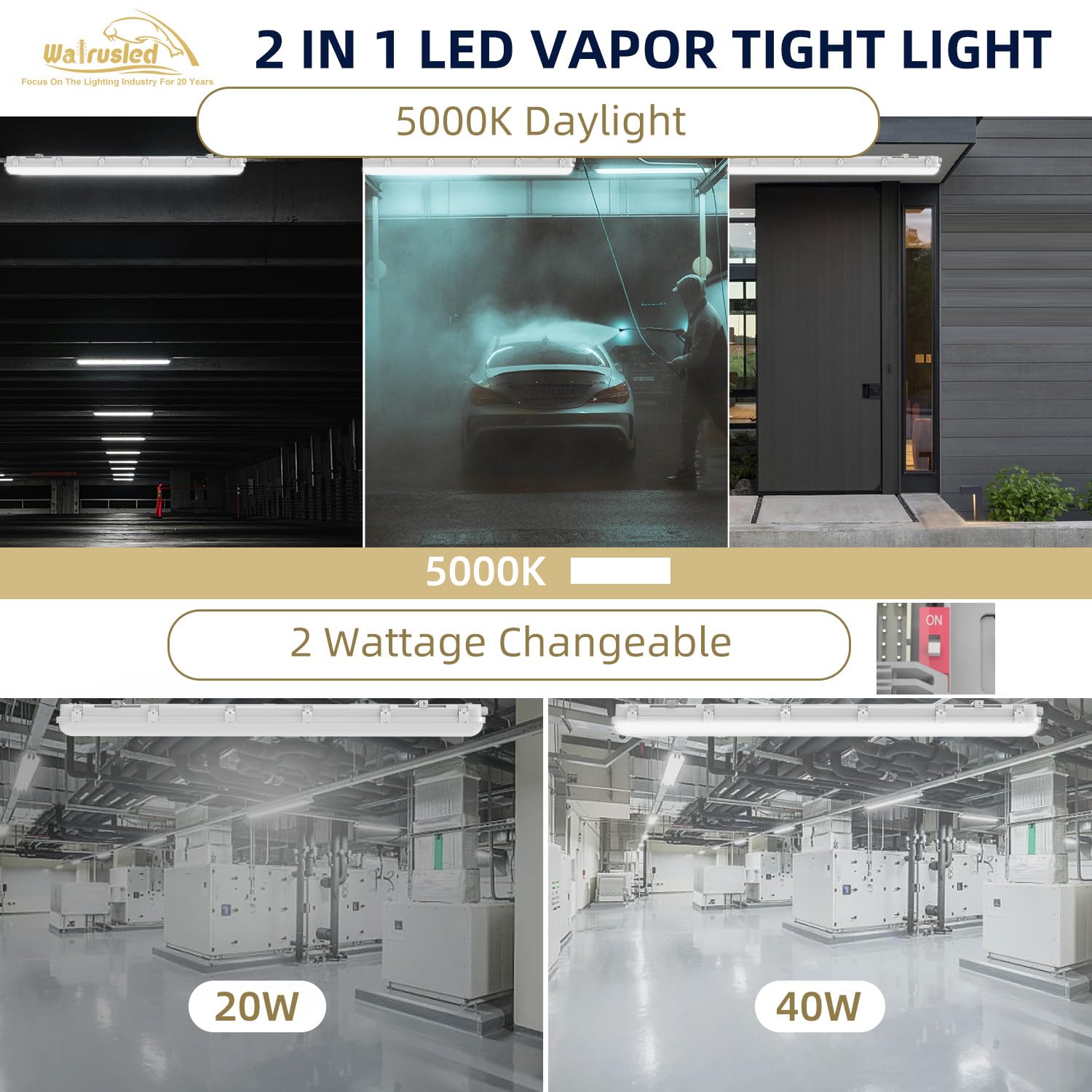 4FT LED Vapor Tight Emergency Light, Battery Backup IP65 IK08 20W/40W 125LM/W LED Vapor Proof Fixture, 5000K, 100-277V, 0-10V Dimmable 4 Foot Waterproof LED Outdoor Shop Light Fixture for Carport, FCC