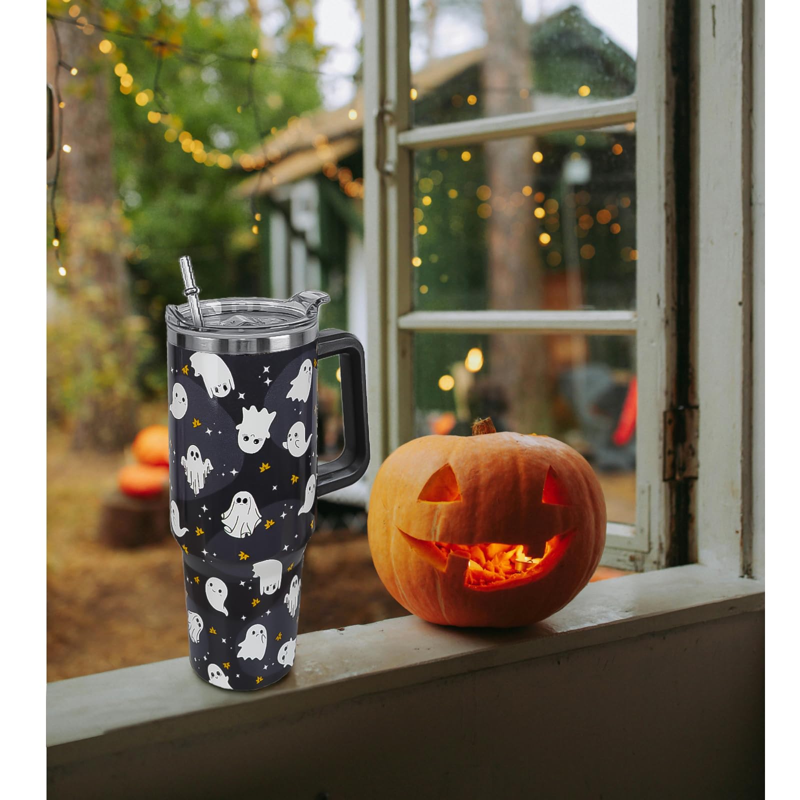 Rcvlauf Halloween Tumbler 40 oz Ghost Tumbler Cute Ghosts Cups Leak Proof Tumbler Insulated Coffee Travel Mug for Halloween Gifts Gothic Witchy Decor