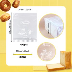 MUMULULU 90 PCS 11""x 14"" Bread Loaf Packing Bags with Bottom Gusset and Ties Clear Cello Cellophane bags Printed Bread Bags