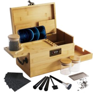 premium large bamboo box with combination lock & hidden drawer, secret storage stash box,upgraded with handle, 5 smell proof bags, 3 glass jars, 3 tube, brush, grinder card, cone funnel rolling kit