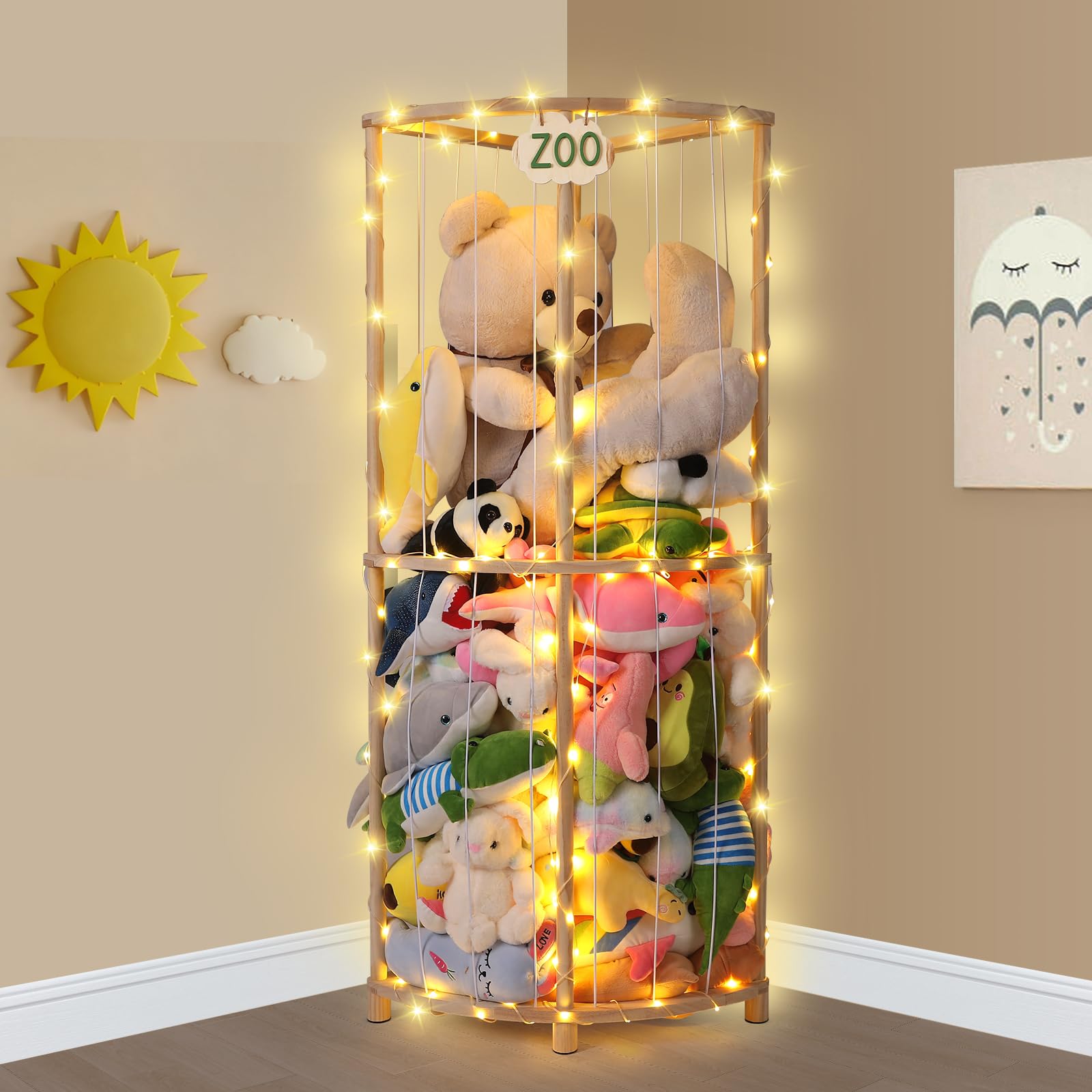 Essenhome Sector Design Extra-Large Wooden Stuffed Animal Zoo Storage, Corner-Friendly,Crafted from Premium Pine with 10m Light String, Ideal for Playroom/Nursery Corners,Perfect Kids' Birthday Gift!